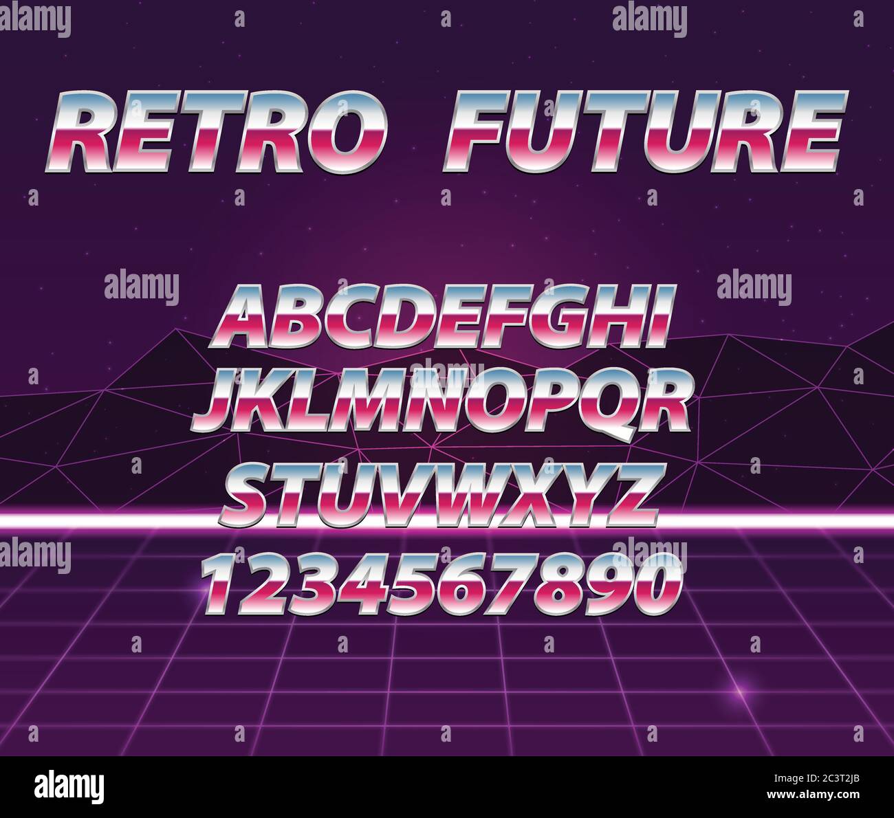 Retro futuristic vector background. Chrome Alphabet in 80s Retro ...
