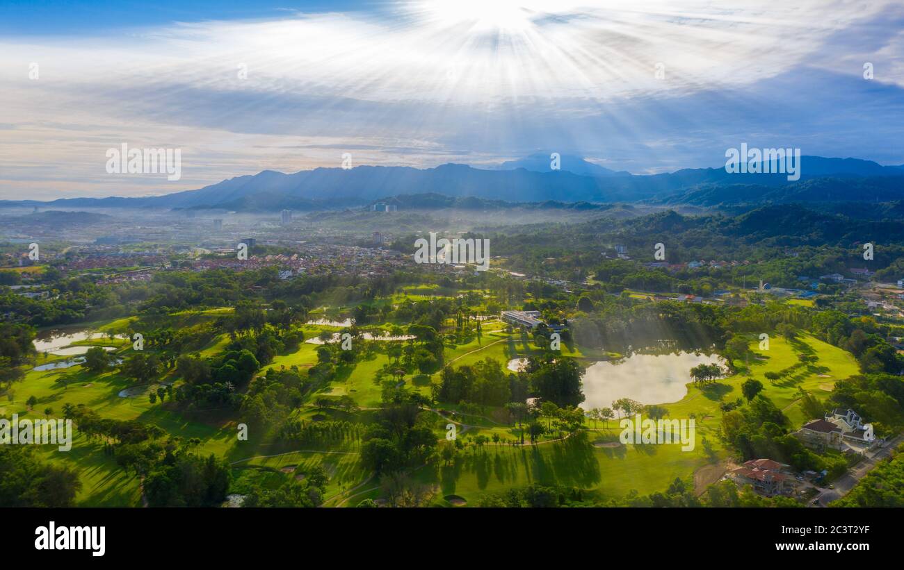 Aerial view putting green and beautiful turf golf course in Kota ...
