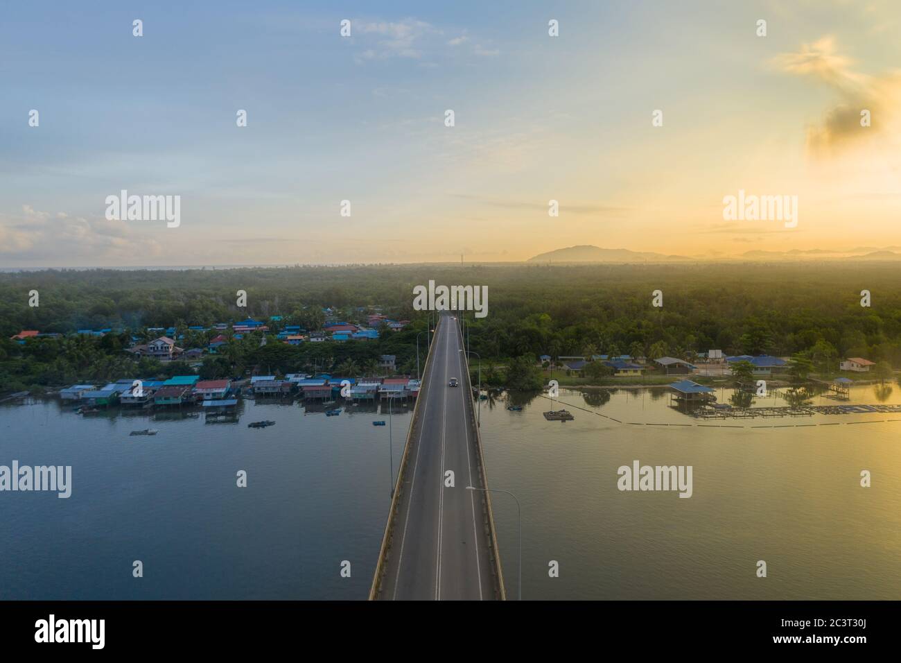 Aerial image of Mengkabong River during twilight sunrise at Tuaran ...