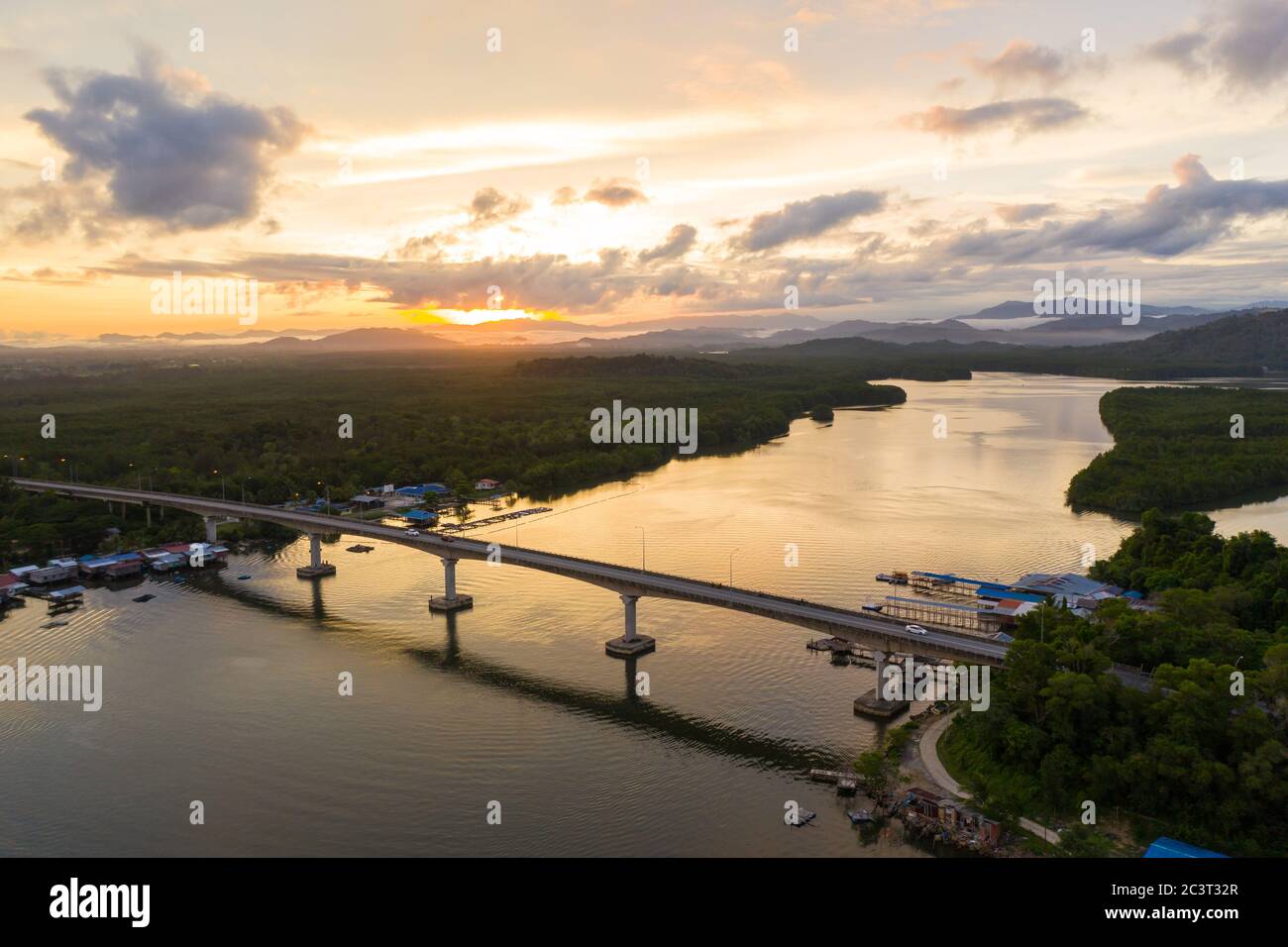 Aerial image of Mengkabong River during twilight sunrise at Tuaran ...
