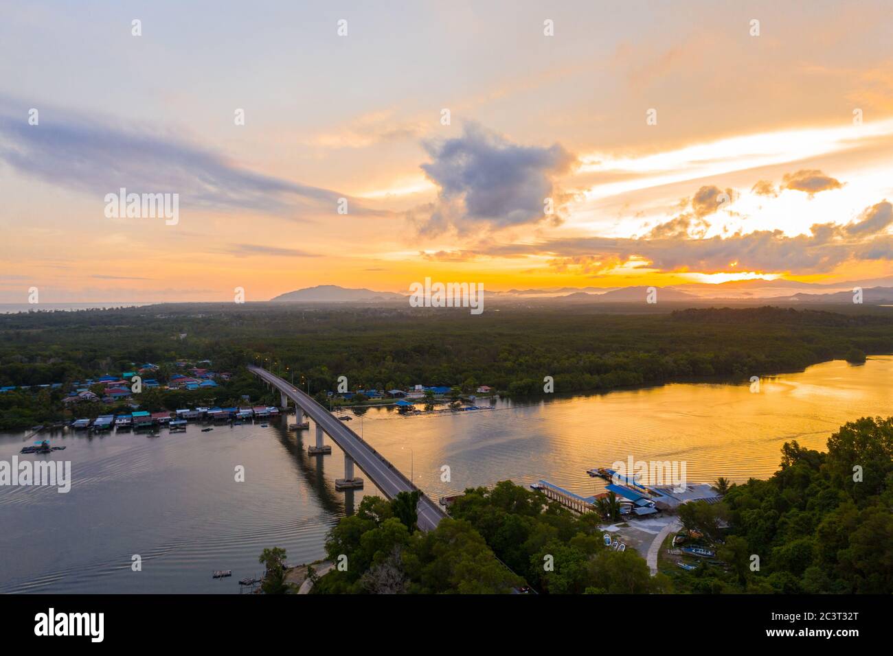 Aerial image of Mengkabong River during twilight sunrise at Tuaran ...