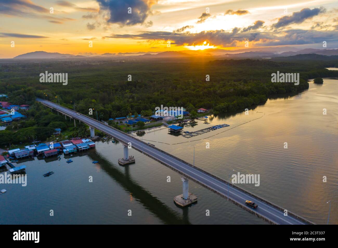 Aerial image of Mengkabong River during twilight sunrise at Tuaran ...