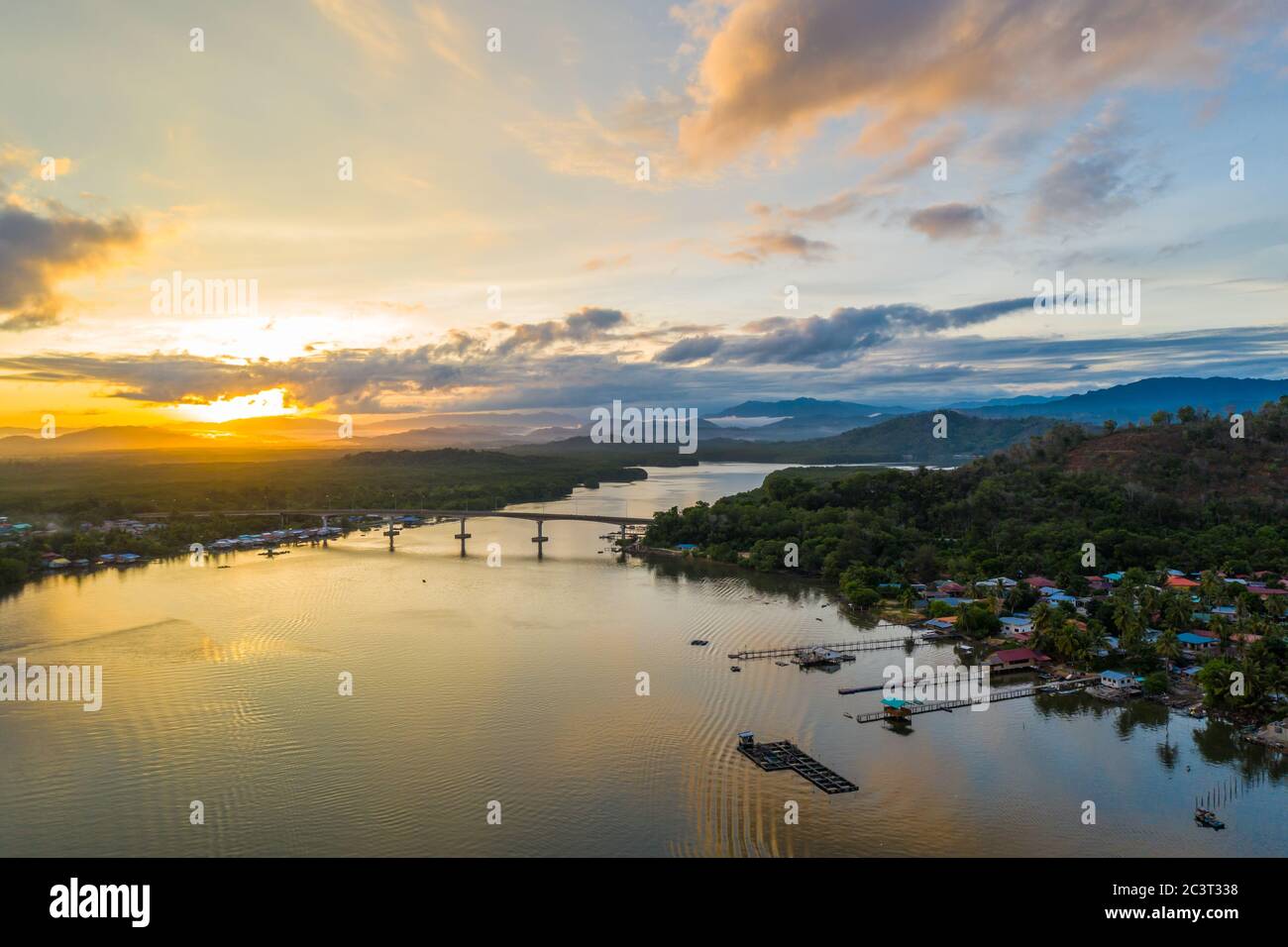 Aerial image of Mengkabong River during twilight sunrise at Tuaran ...