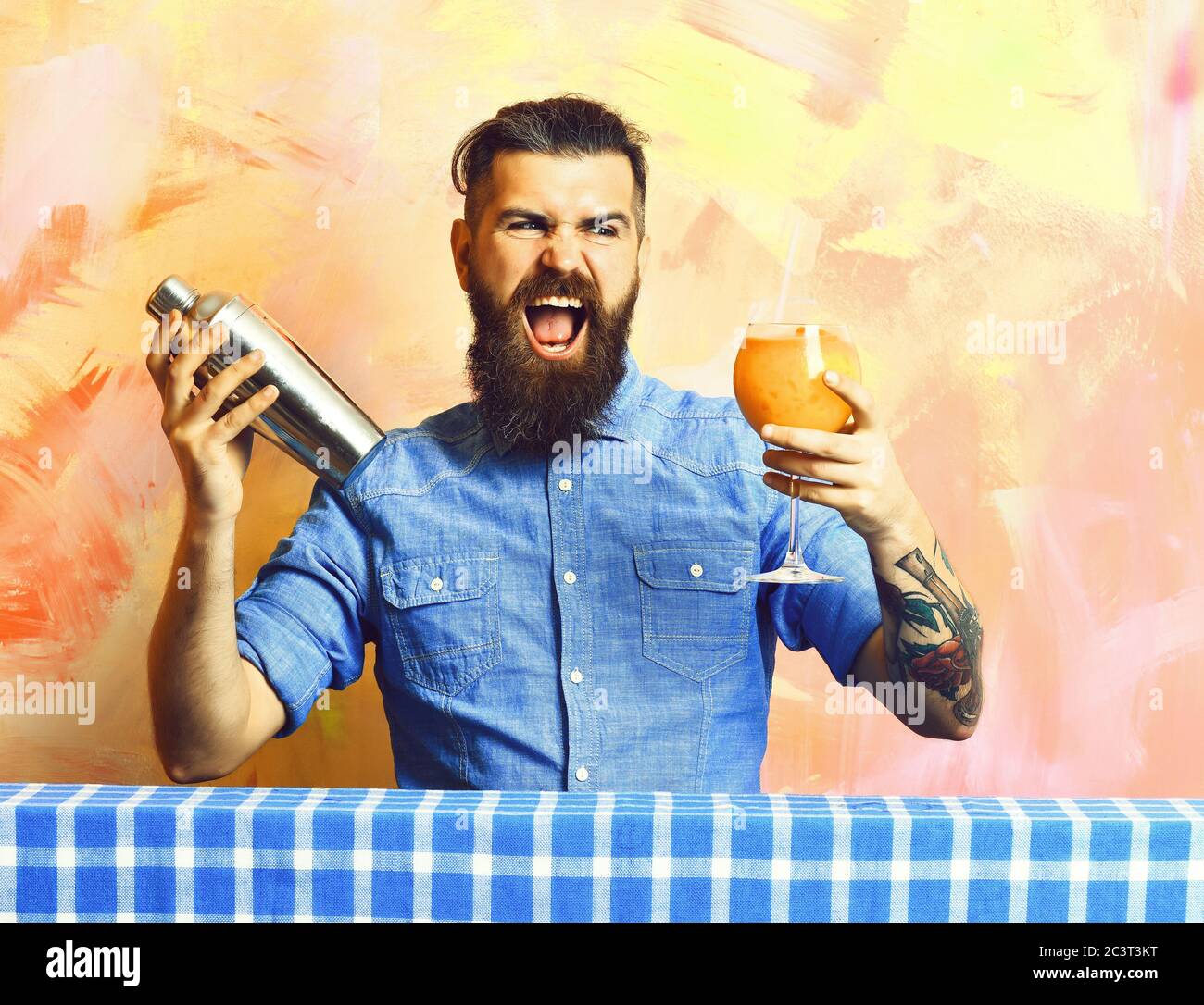 Bearded man, long beard. Brutal caucasian shouting hipster with ...