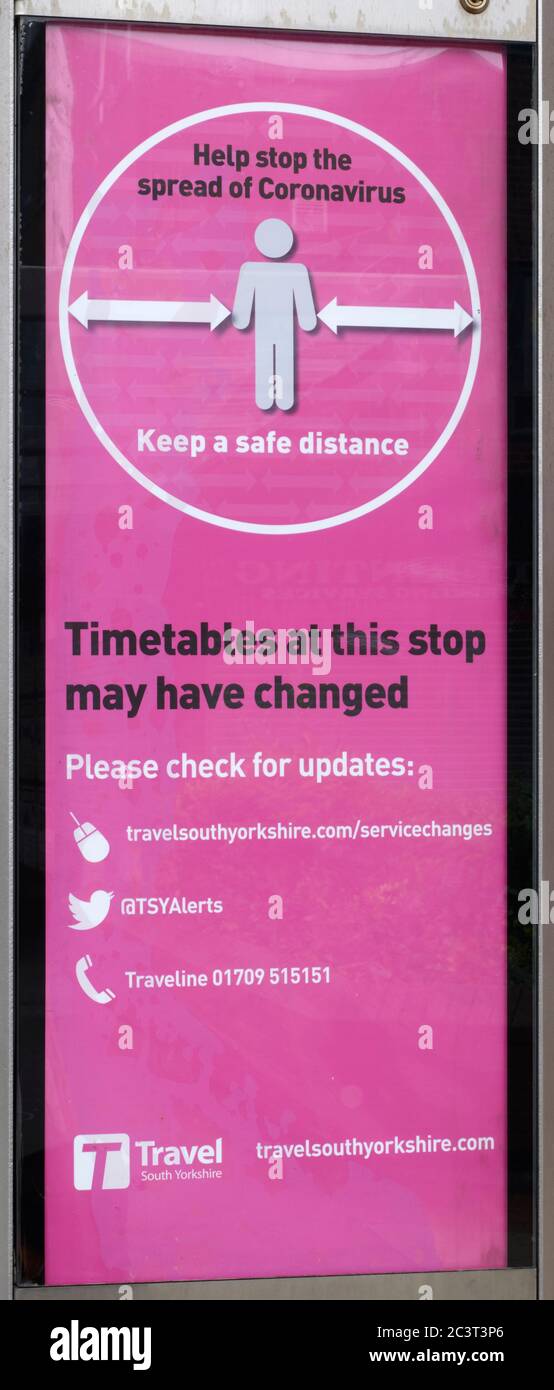 Keep a safe distance posters on bus stop in South Lane, Sheffield ...