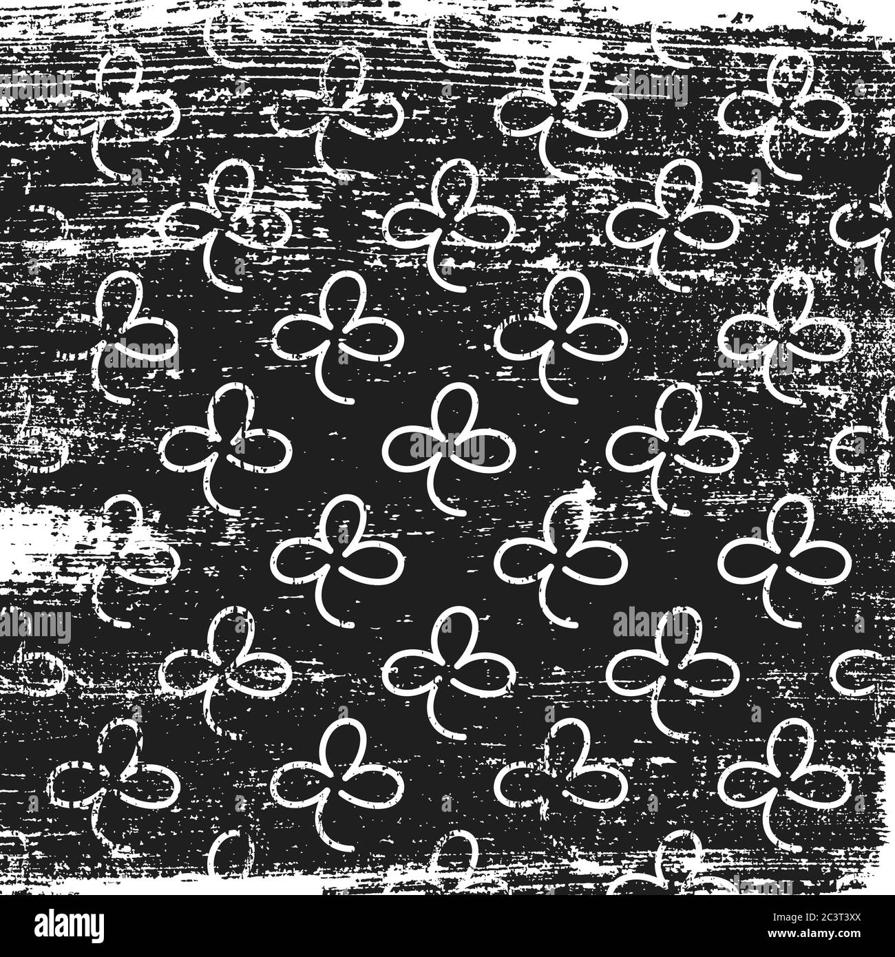 Grunge pattern with line art icons of shamrocks. Square black and white ...