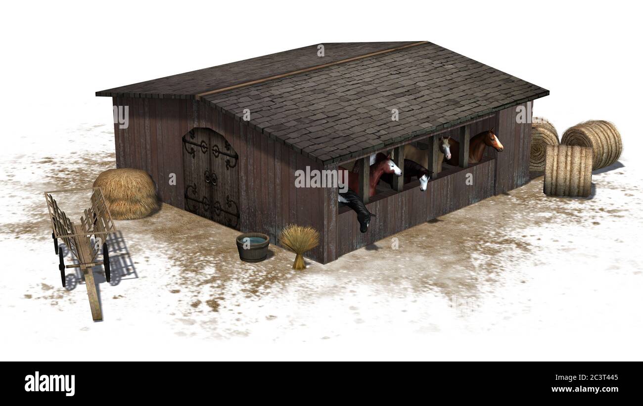horses in barn - isolated on white background Stock Photo - Alamy