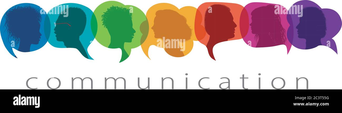 Silhouette heads people in profile inside speech bubble talking and ...