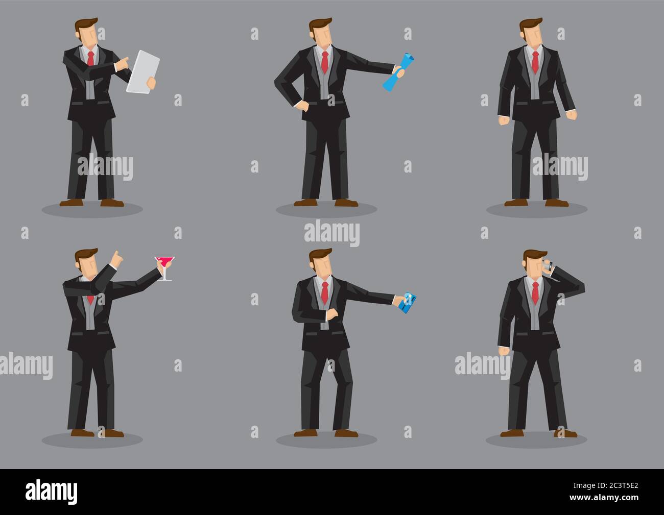 Set of six vector illustrations of cartoon businessman holding ...