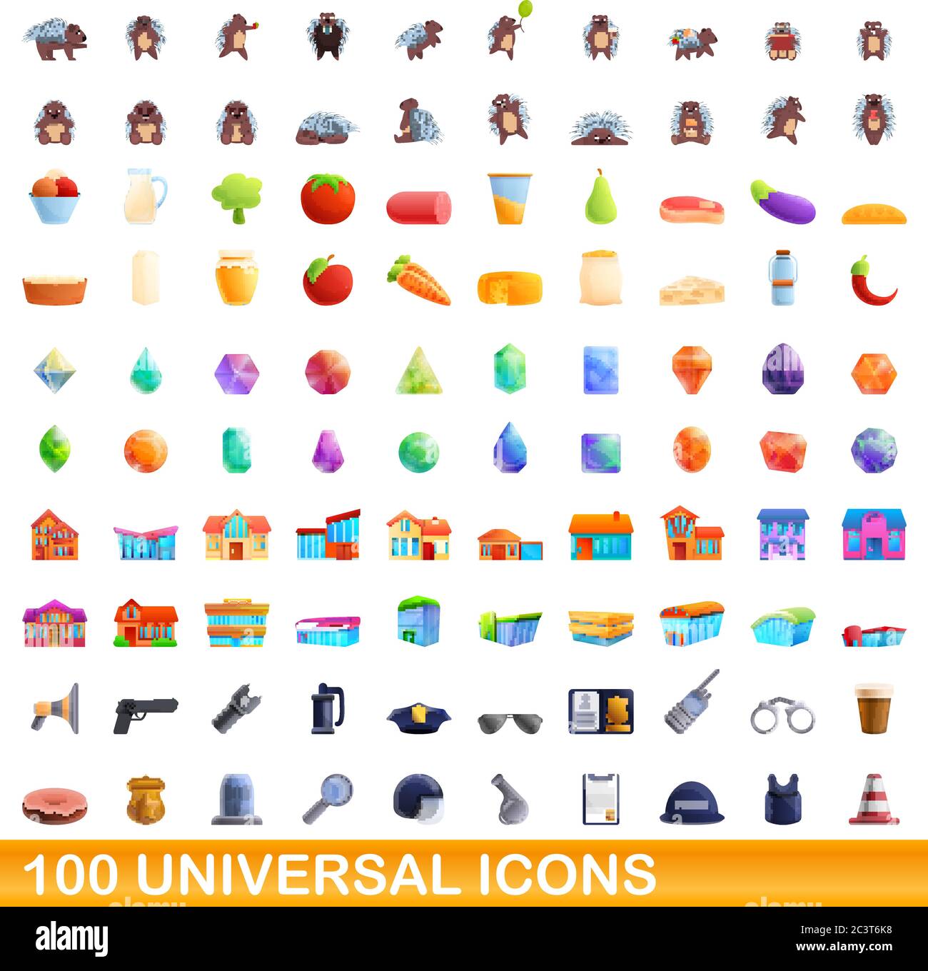 100 universal icons set. Cartoon illustration of 100 universal icons ...