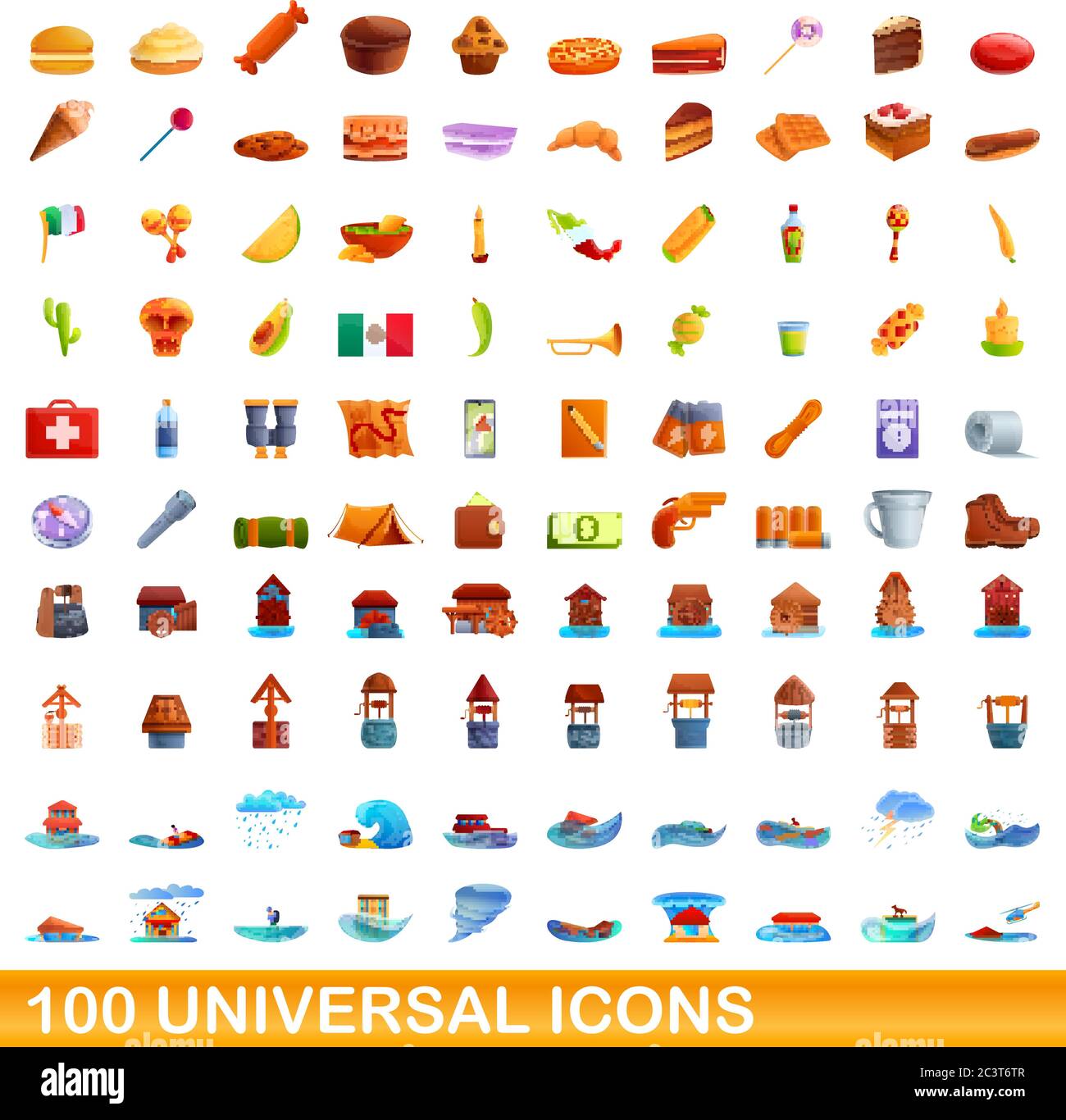 100 universal icons set. Cartoon illustration of 100 universal icons ...