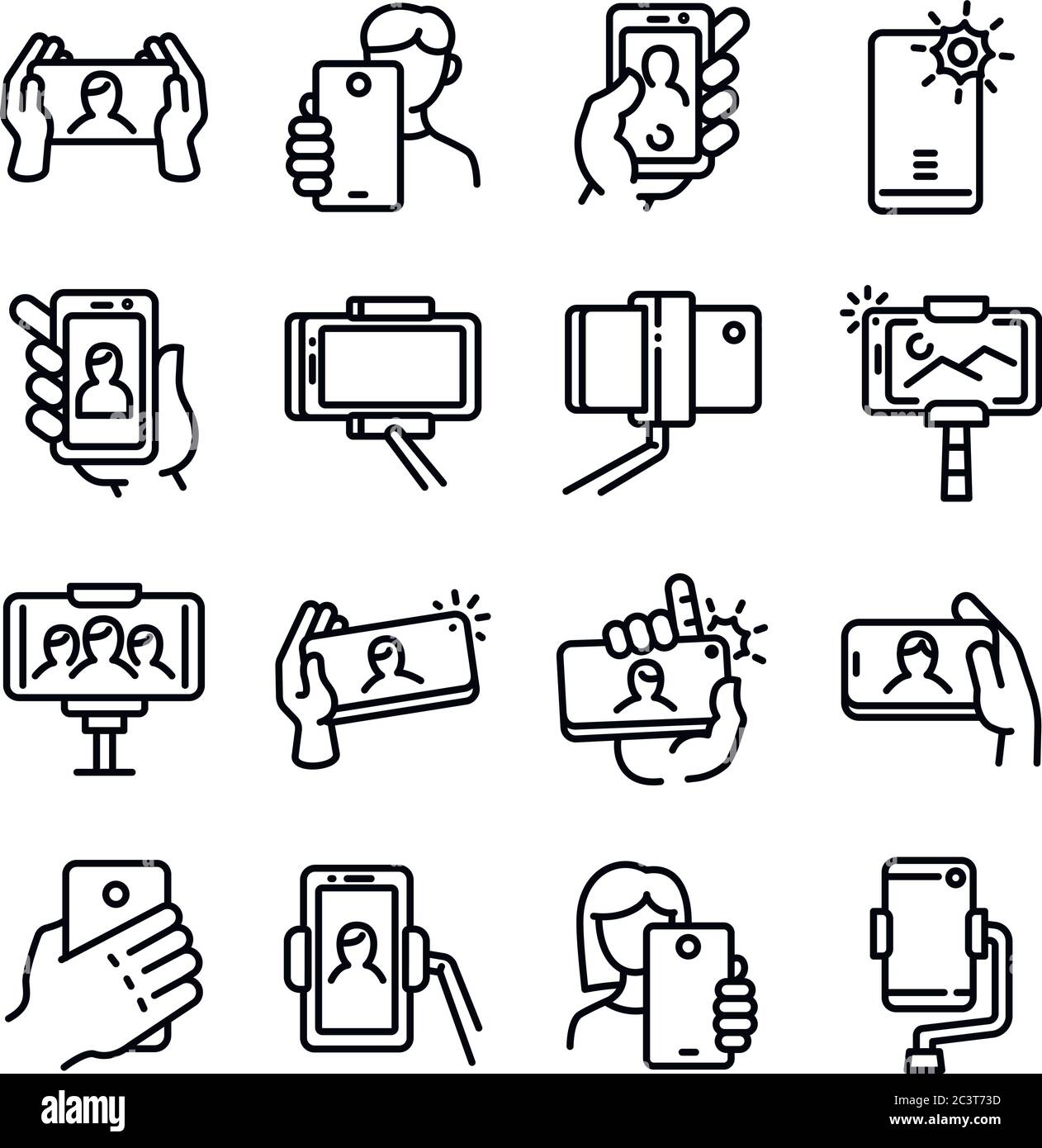 Selfie icons set. Outline set of selfie vector icons for web design ...