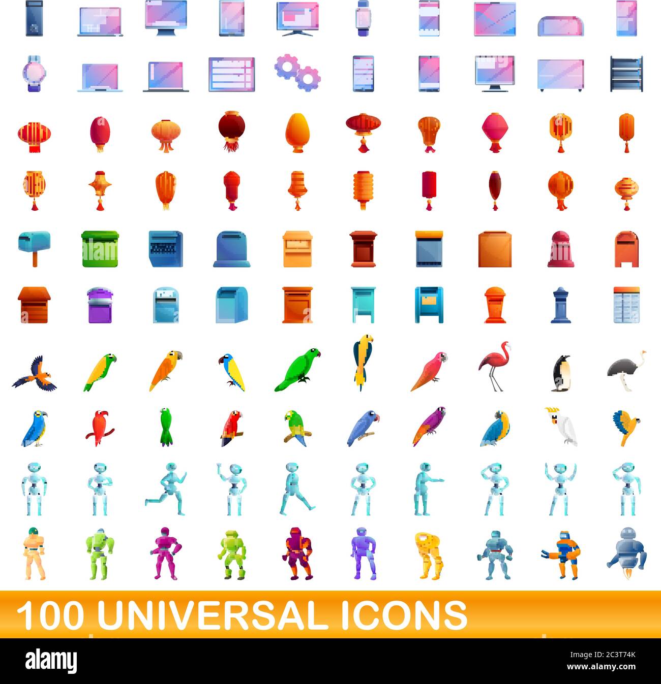 100 universal icons set. Cartoon illustration of 100 universal icons ...