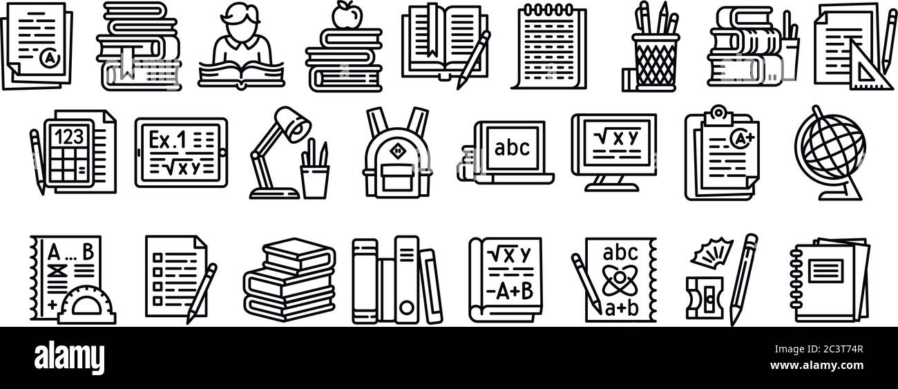 Homework icons set. Outline set of homework vector icons for web design ...
