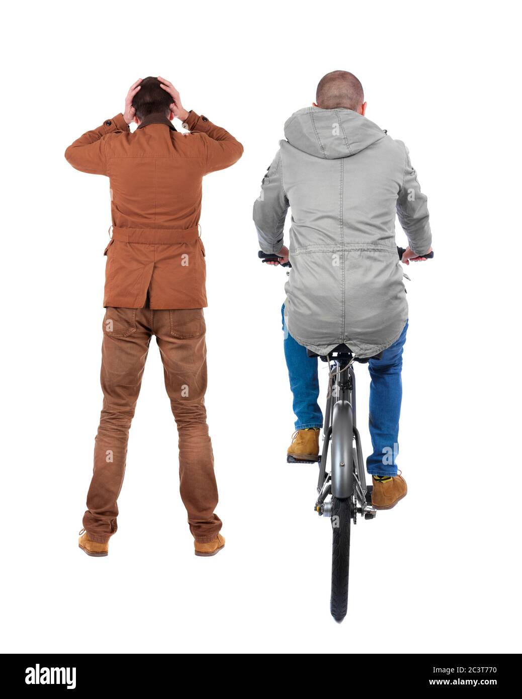 Back view of two man on a bicycle in winter jacket. Rear view people ...