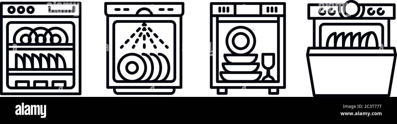 Dishwasher icons set. Outline set of dishwasher vector icons for web ...