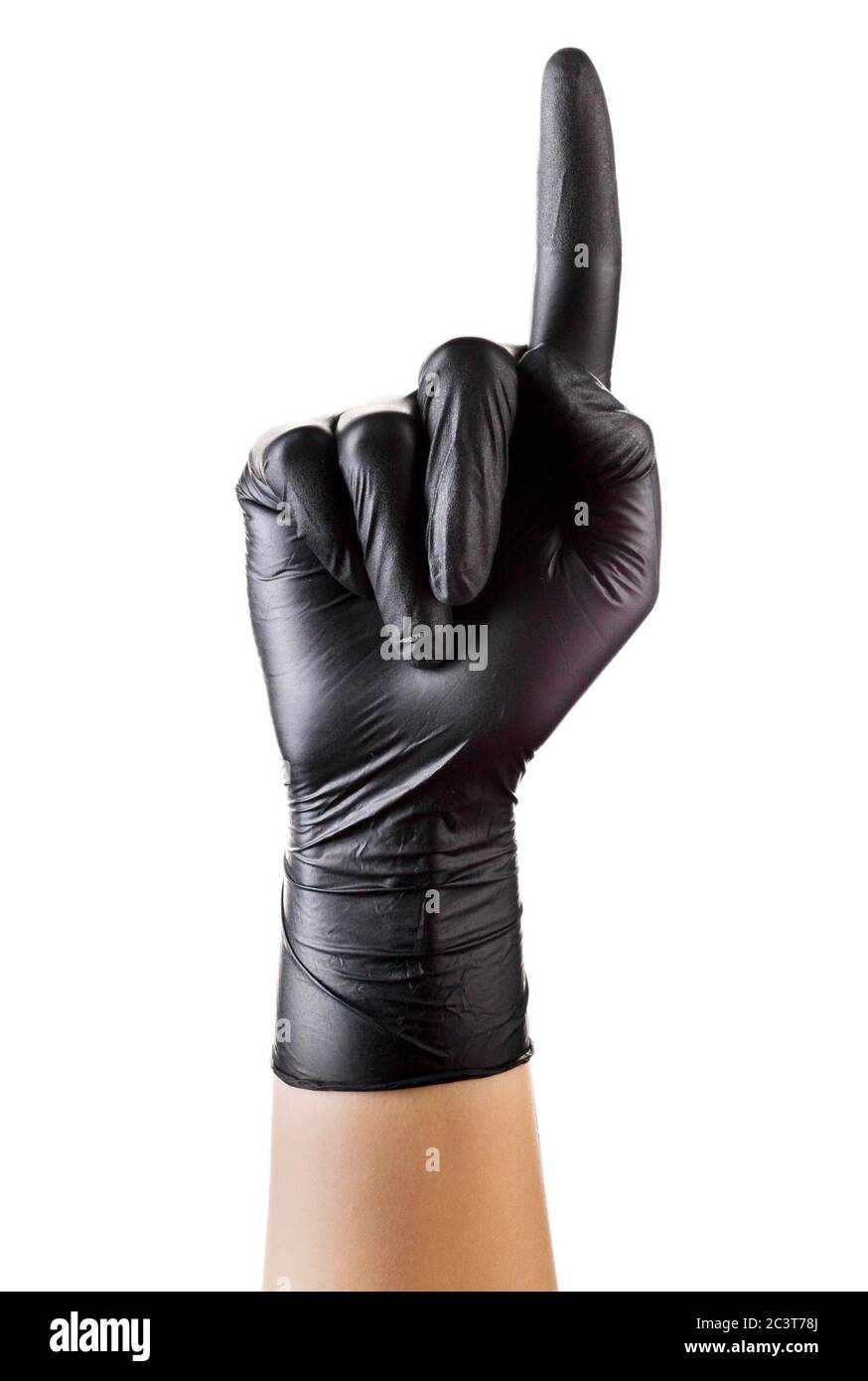 Hand in black gloves with the index finger pointing up on white Stock ...