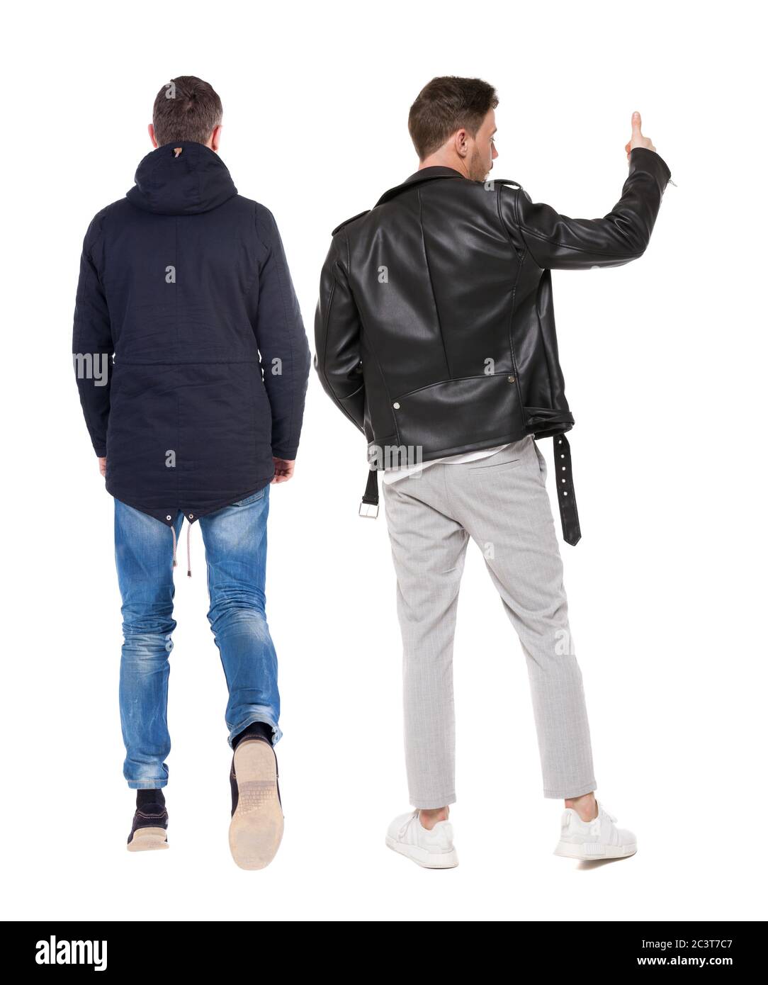 Back view of two man in winter jacket showing thumb up. Rear view ...