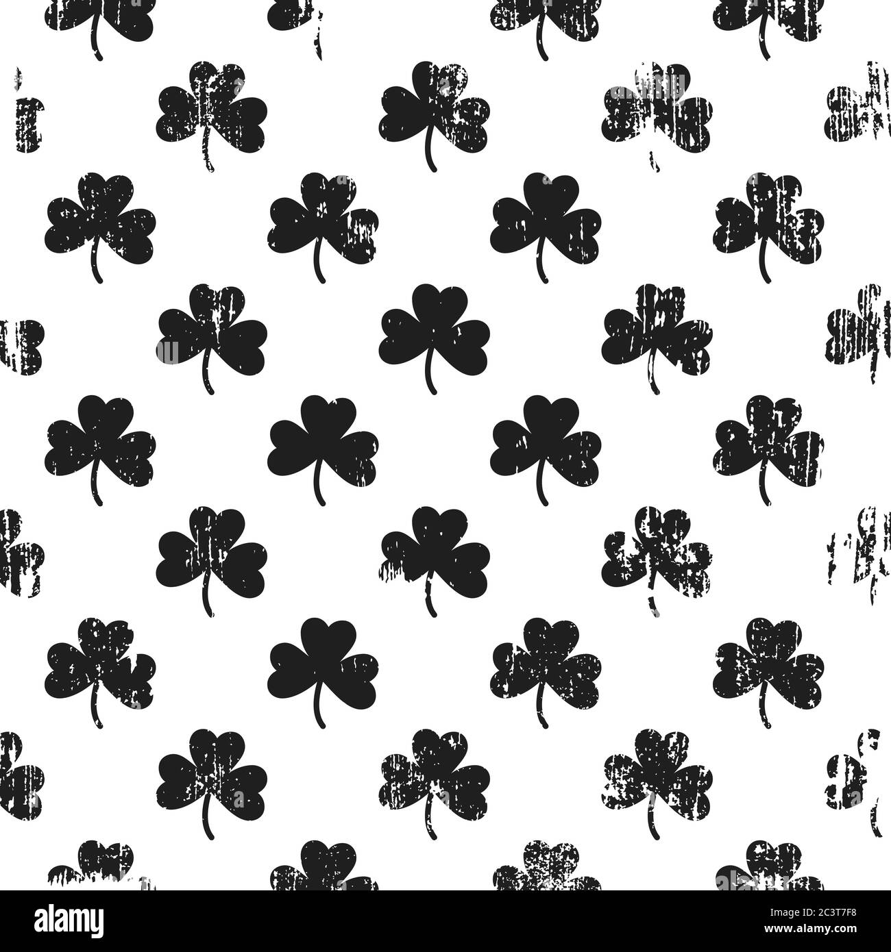 Grunge pattern with icons of shamrock. Square black and white backdrop ...