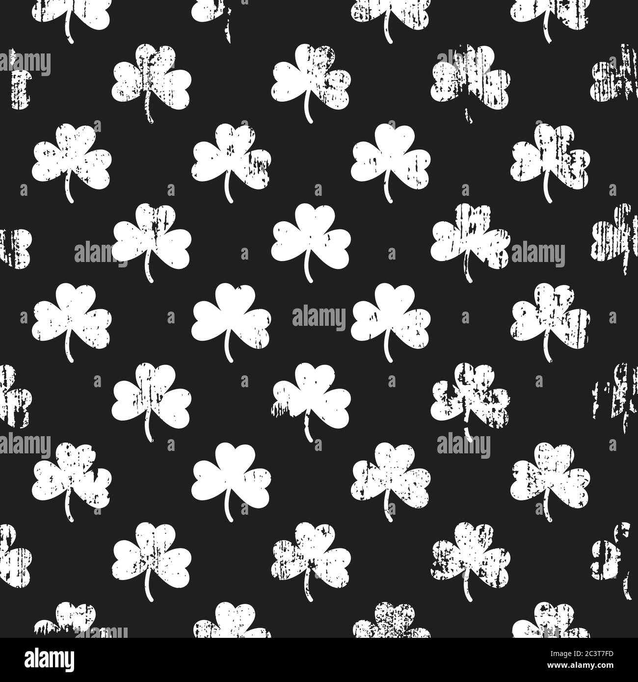 Grunge pattern with icons of shamrock. Square black and white backdrop ...