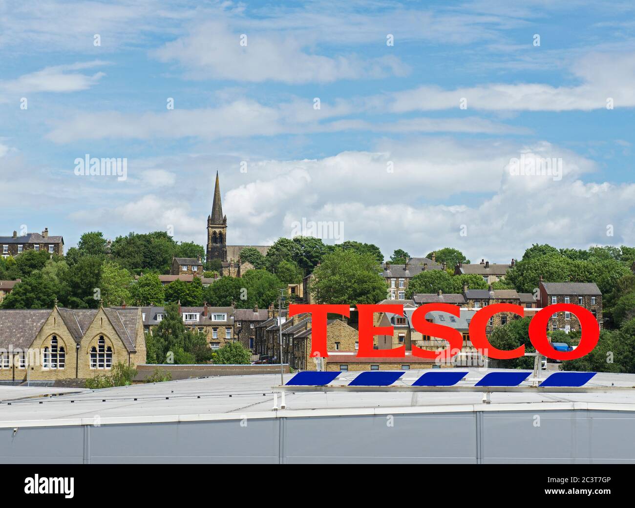Sign on roof of Tesco store, Batley, West Yorkshire, England UK Stock ...
