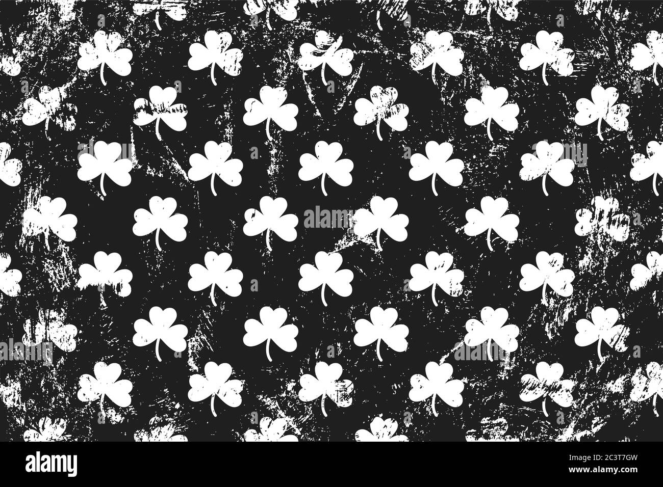 Grunge Pattern With Icons Of Shamrocks Horizontal Black And White