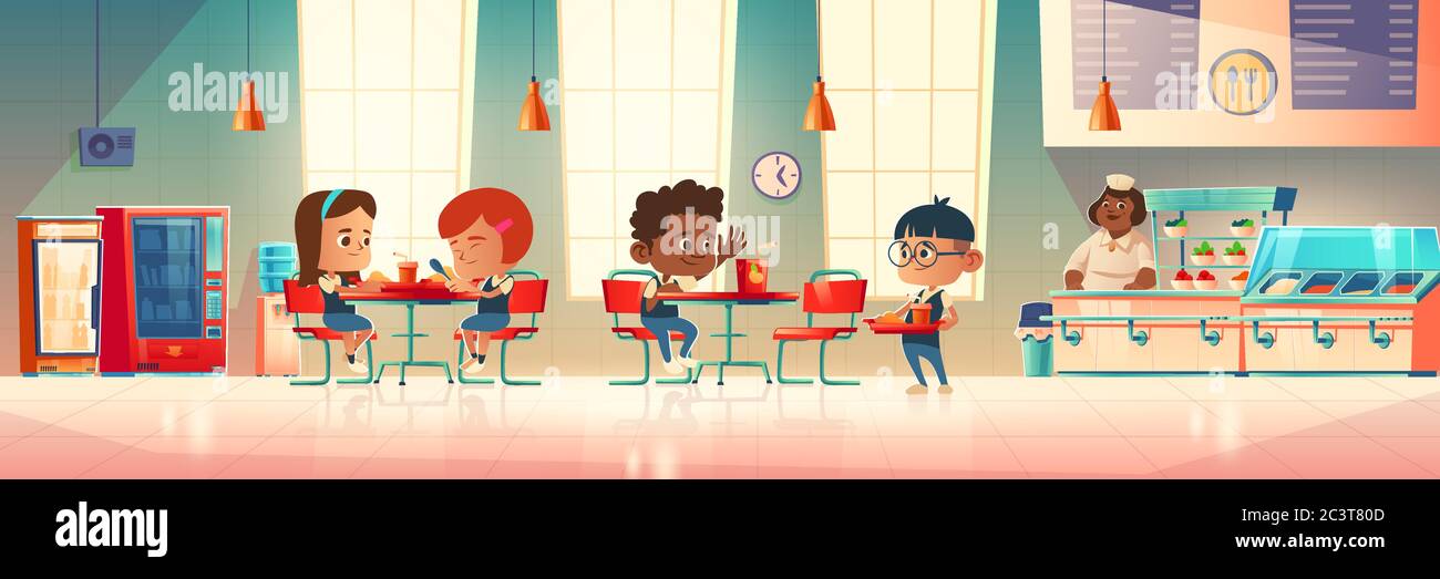 Children eat in school canteen. Vector cartoon illustration of cafeteria interior with tables ...
