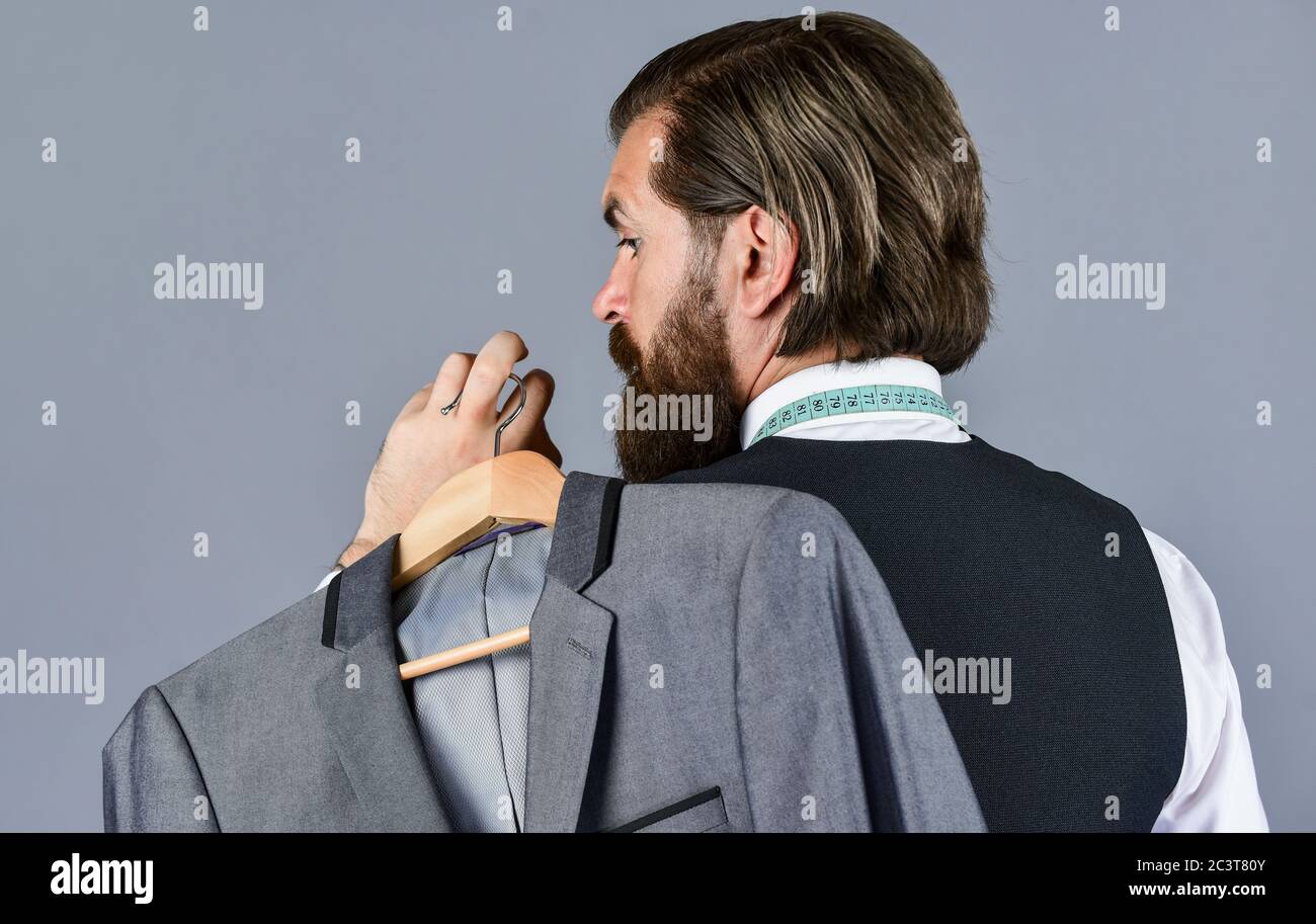my choice. Man with suit. tailor in his workshop. Handsome bearded ...