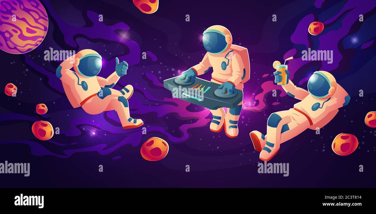 Astronaut dj with turntable in open space. Vector cartoon illustration with spaceman mixing ...
