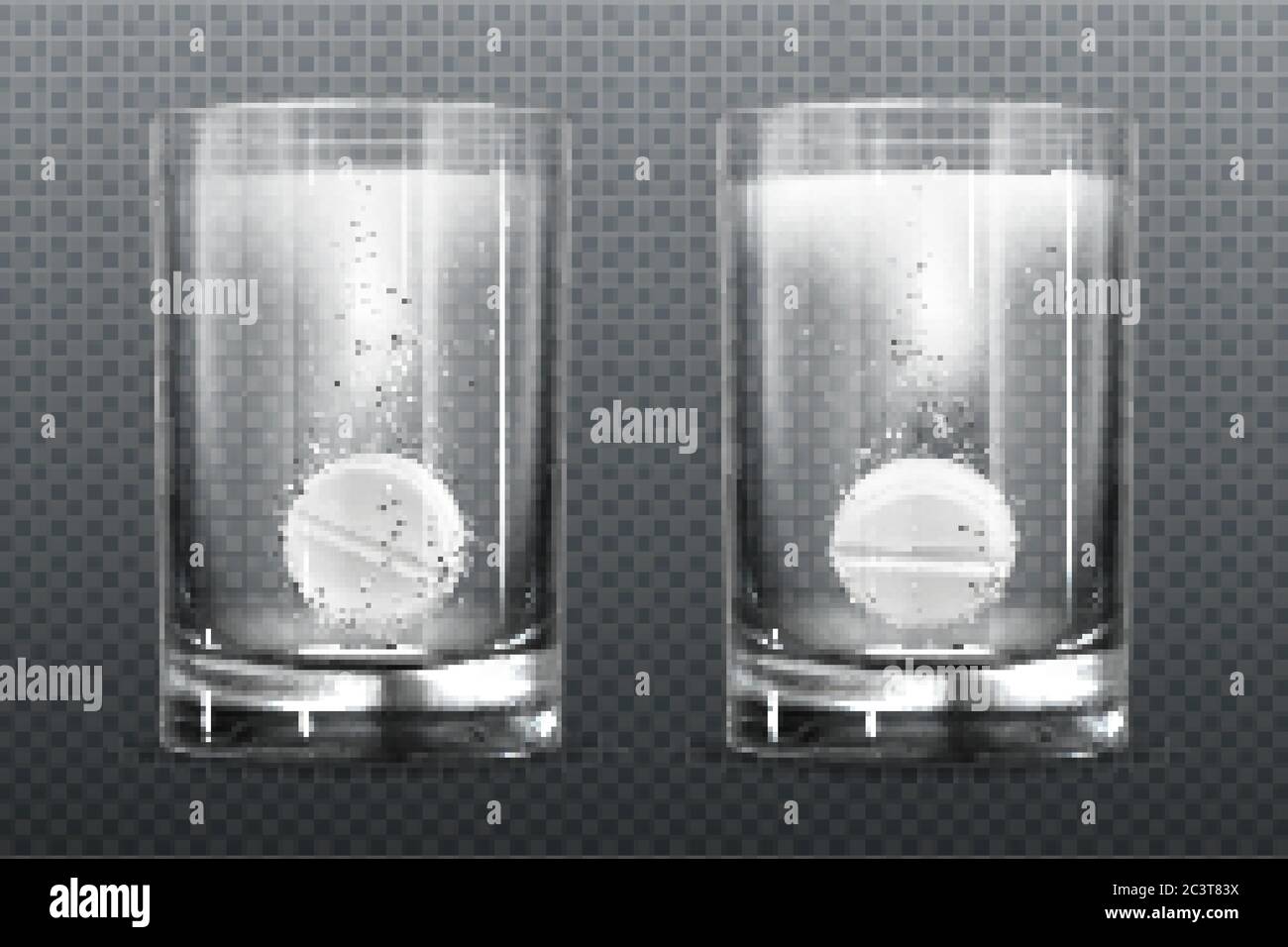 Effervescent pills with fizz bubbles in water glass. Aspirin tablets ...