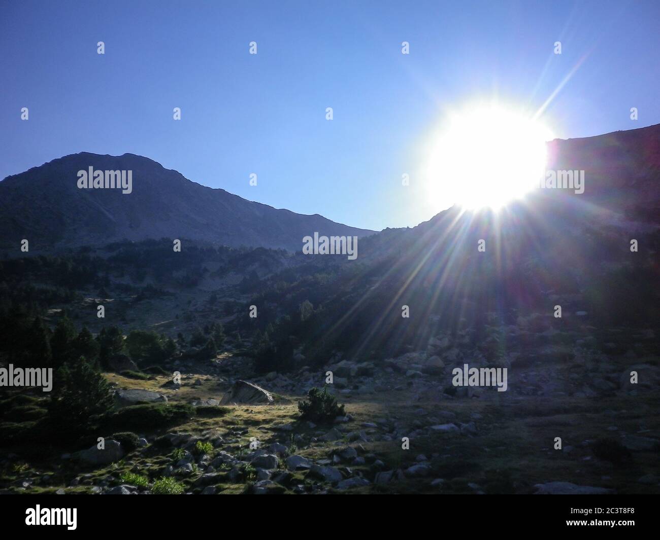 Sunrise of a high mountain valley surrounded by trees with the ...