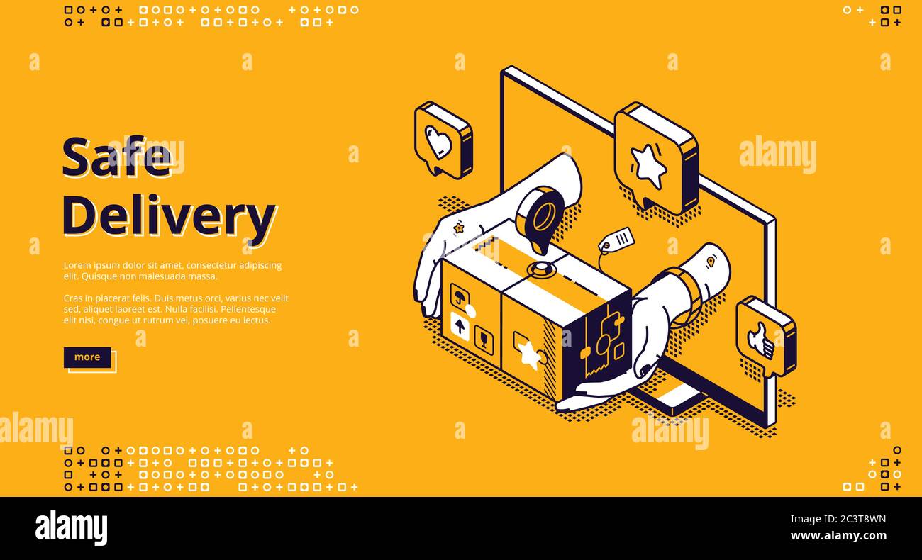 Safe delivery online service isometric landing page. Human hands give ...