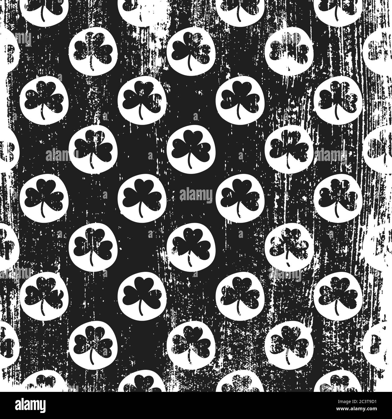 Grunge pattern with stamp icons of shamrocks. Square black and white ...