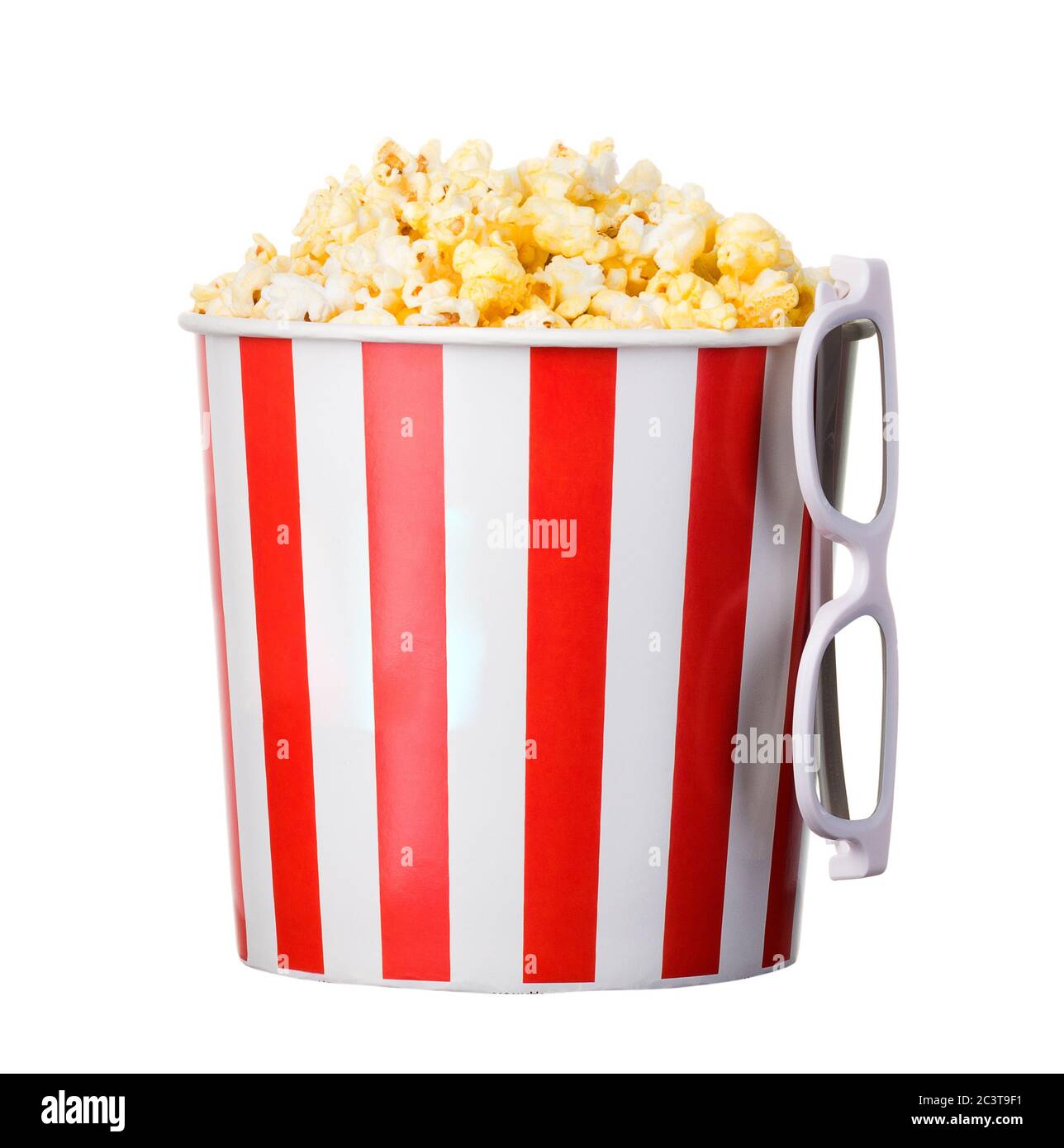 Paper striped bucket with popcorn and 3D glasses isolated on white ...