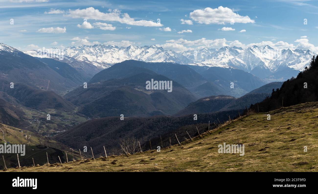 Landscape of a high mountain valley with the snow capped mountains in ...