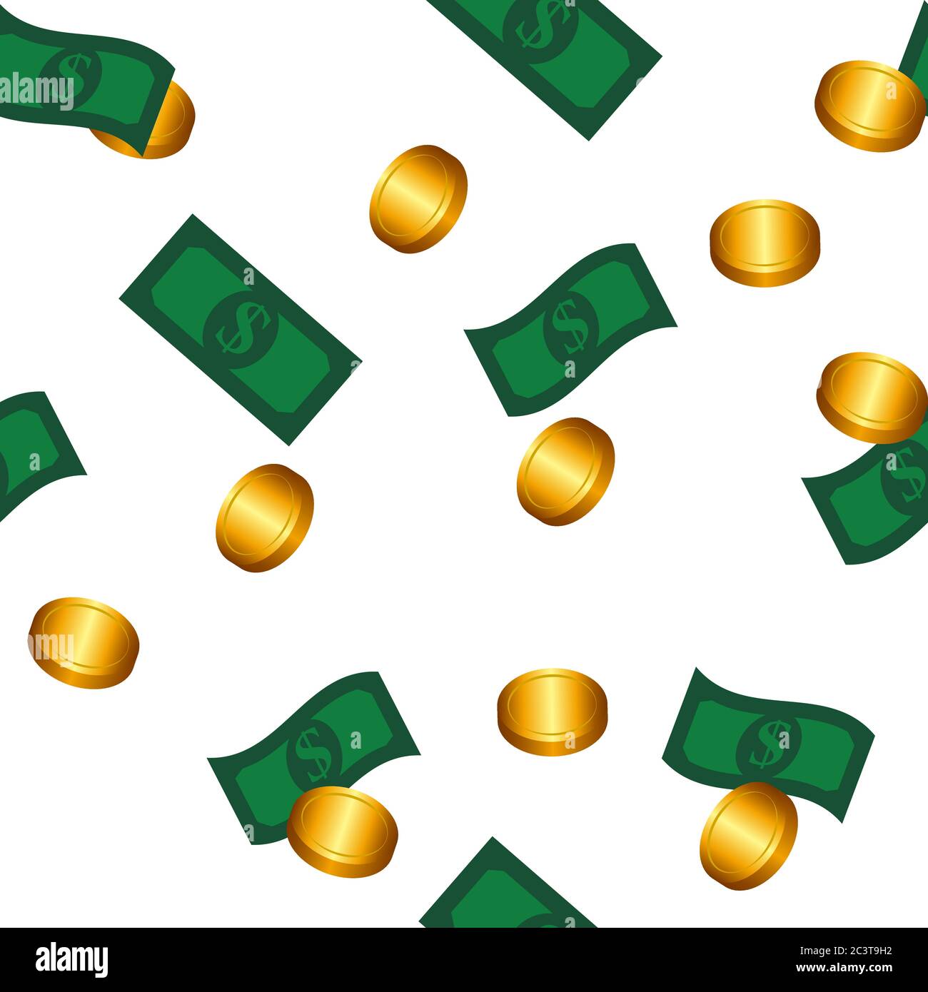 Money seamless pattern. Green dollar bills and coins Stock Vector Image ...