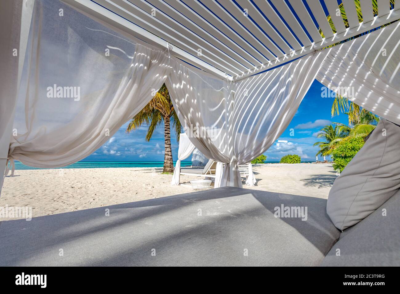 Comfortable lounge canopy on VIP beach seascape. Design of tourism for ...