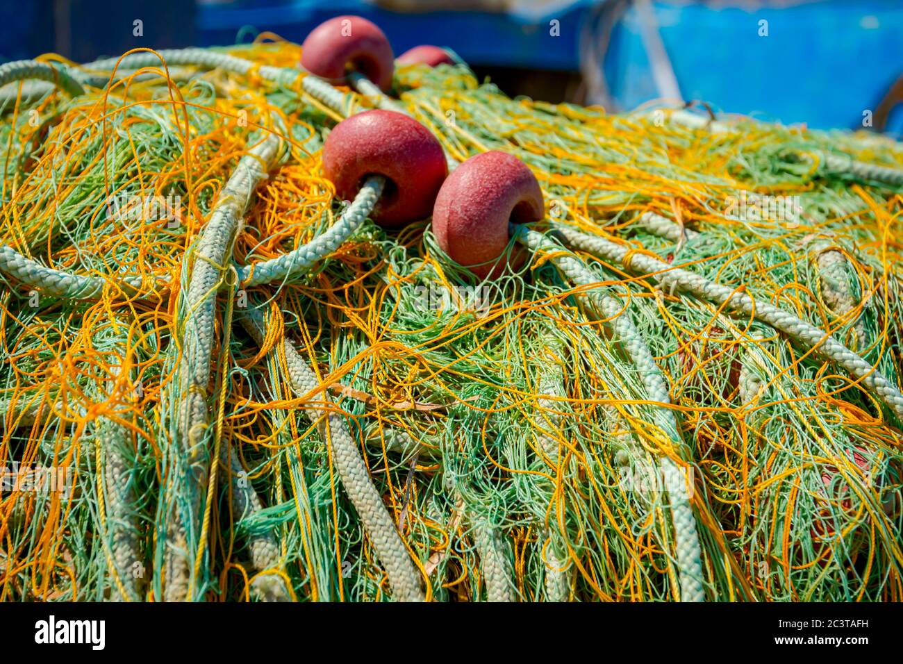 Pile of commercial fishing net, equipment for angling at open sea Stock ...