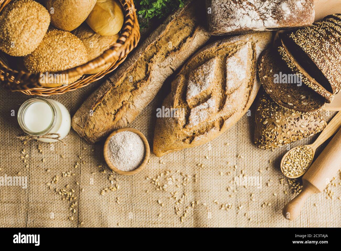 Homemade bread or bakery with fresh egg, flour and bakery equipment on ...