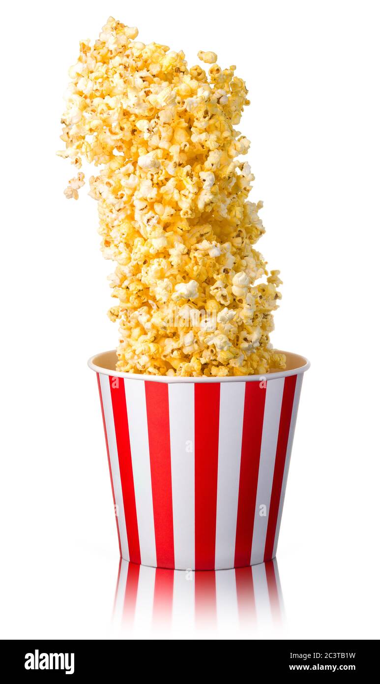 Flying popcorn from paper striped bucket isolated on white background ...