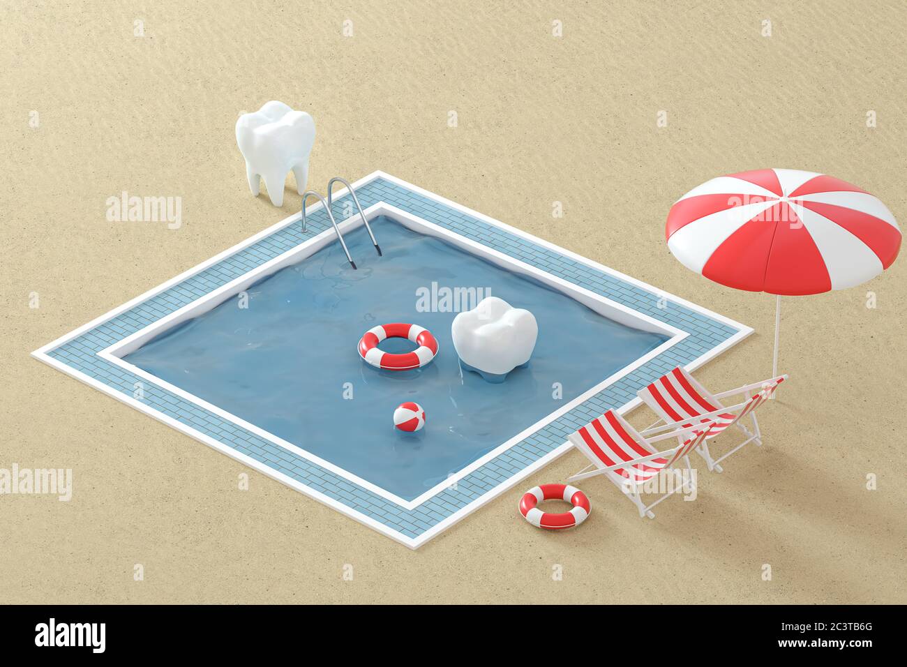 Cartoon tooth on holiday, swimming pool aside, 3d rendering. Computer ...