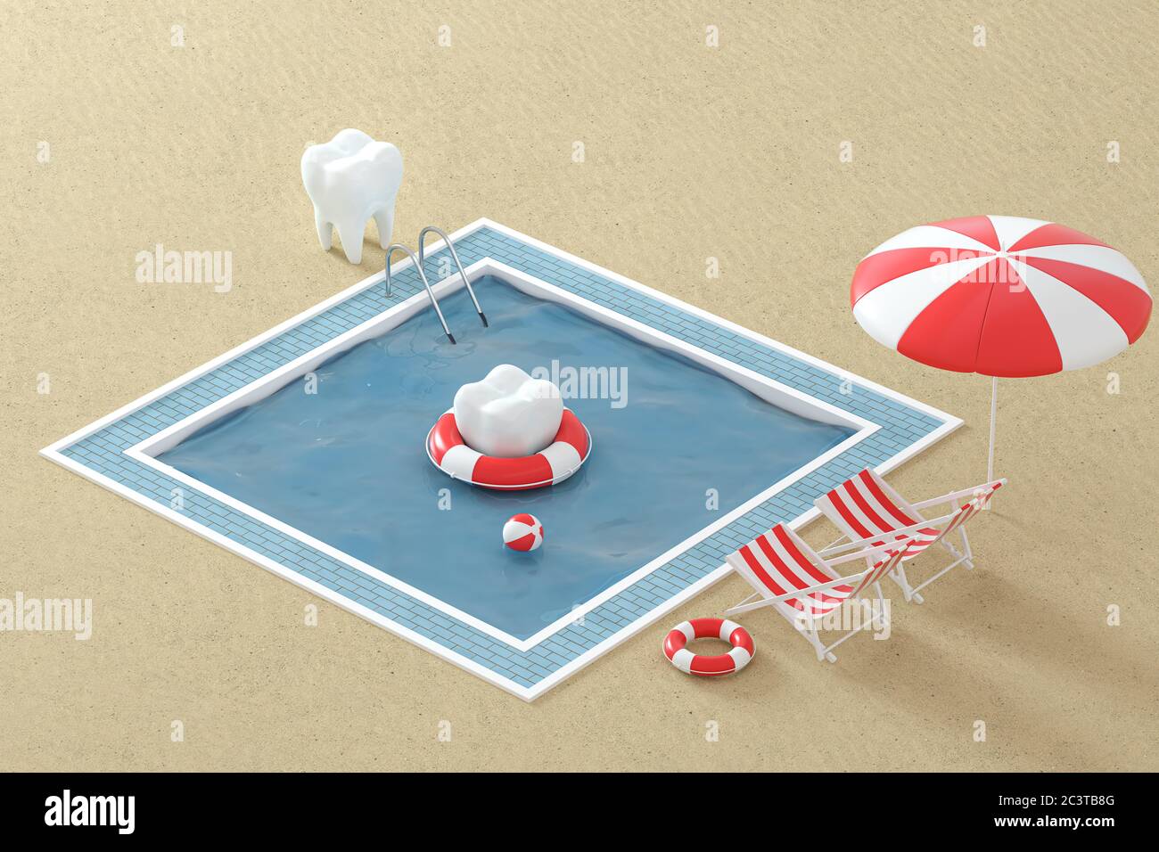Cartoon tooth on holiday, swimming pool aside, 3d rendering. Computer ...