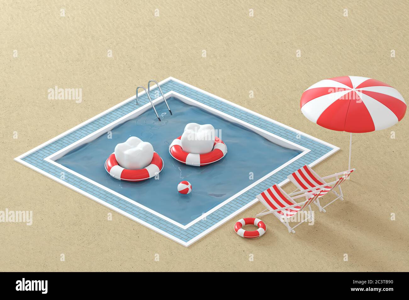 Cartoon tooth on holiday, swimming pool aside, 3d rendering. Computer ...