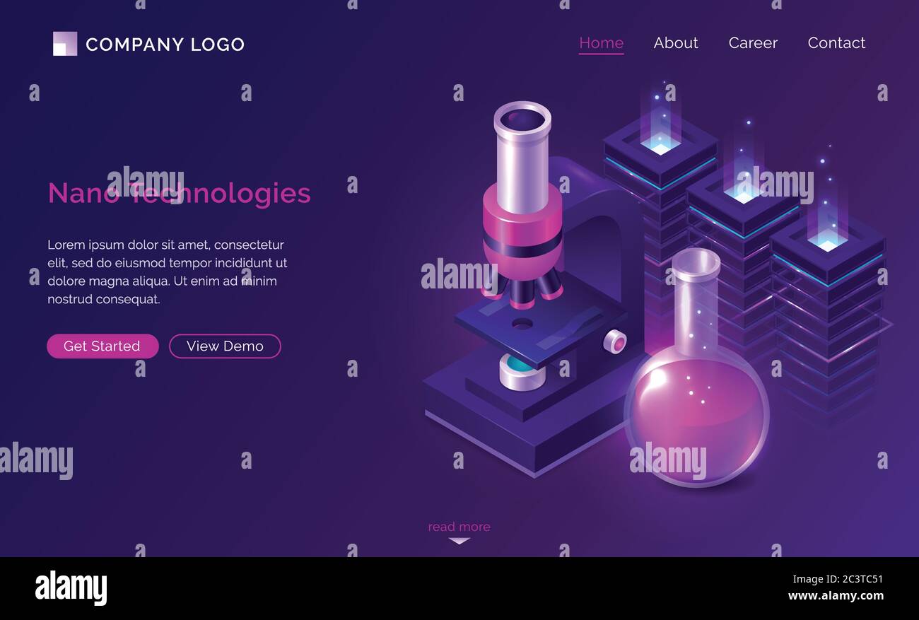 Nano technologies isometric landing page, electronic microscope, glass ...