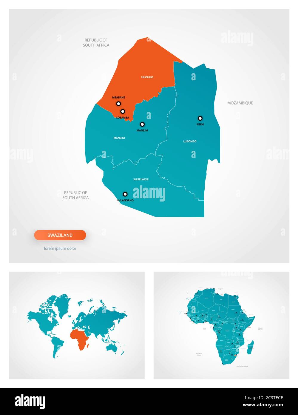 Editable template of map of Swaziland with marks. Swaziland on world ...