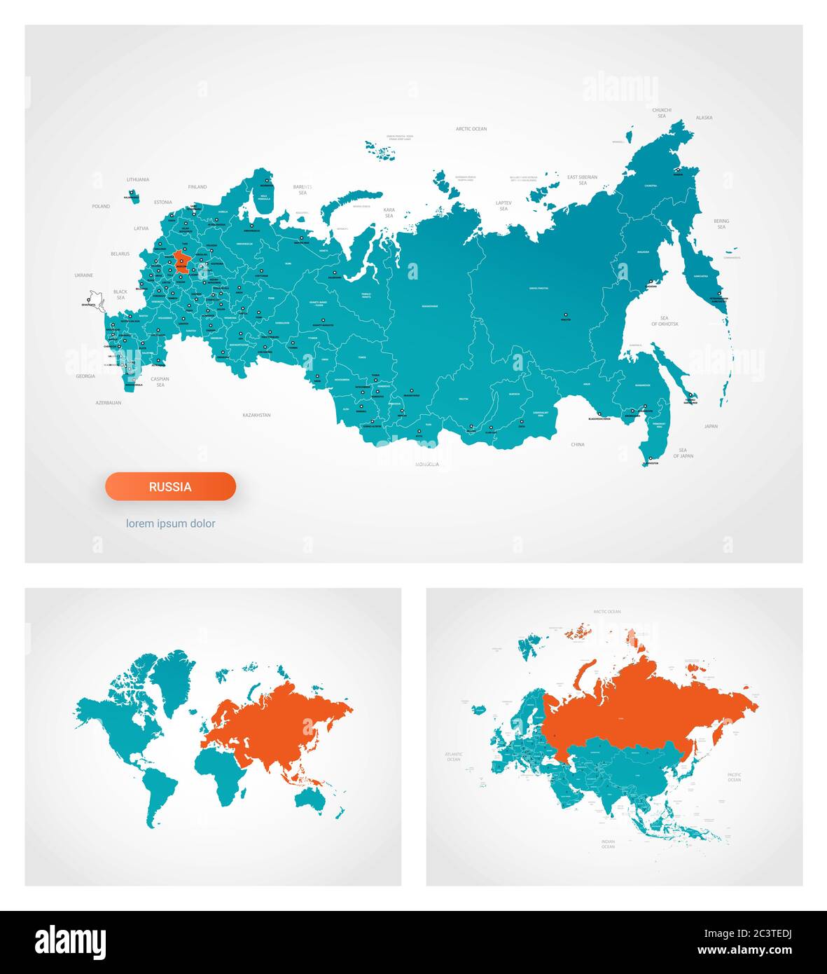 Editable template of map of Russia with marks. Russia on world map, on ...