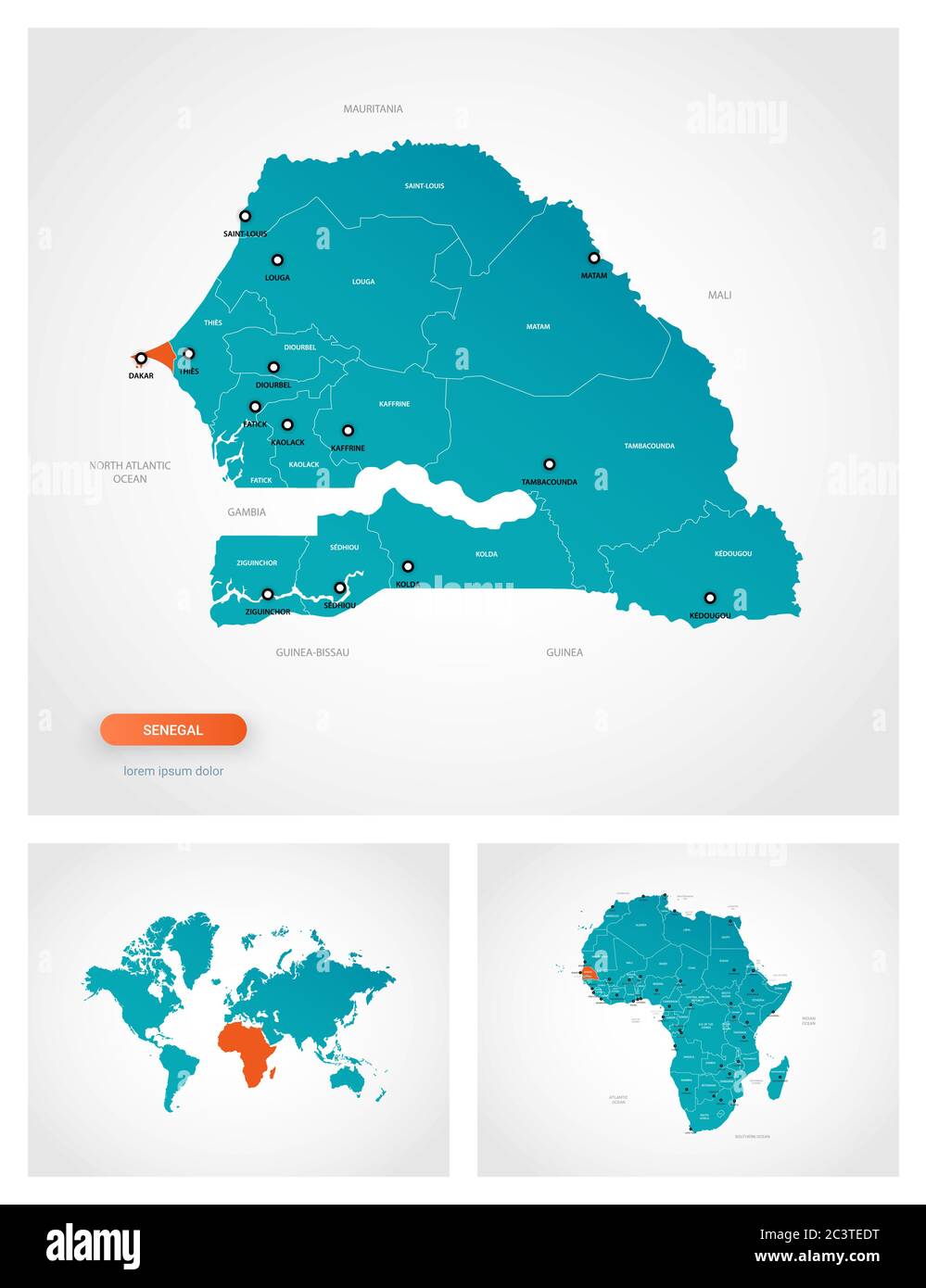 Editable template of map of Senegal with marks. Senegal on world map ...