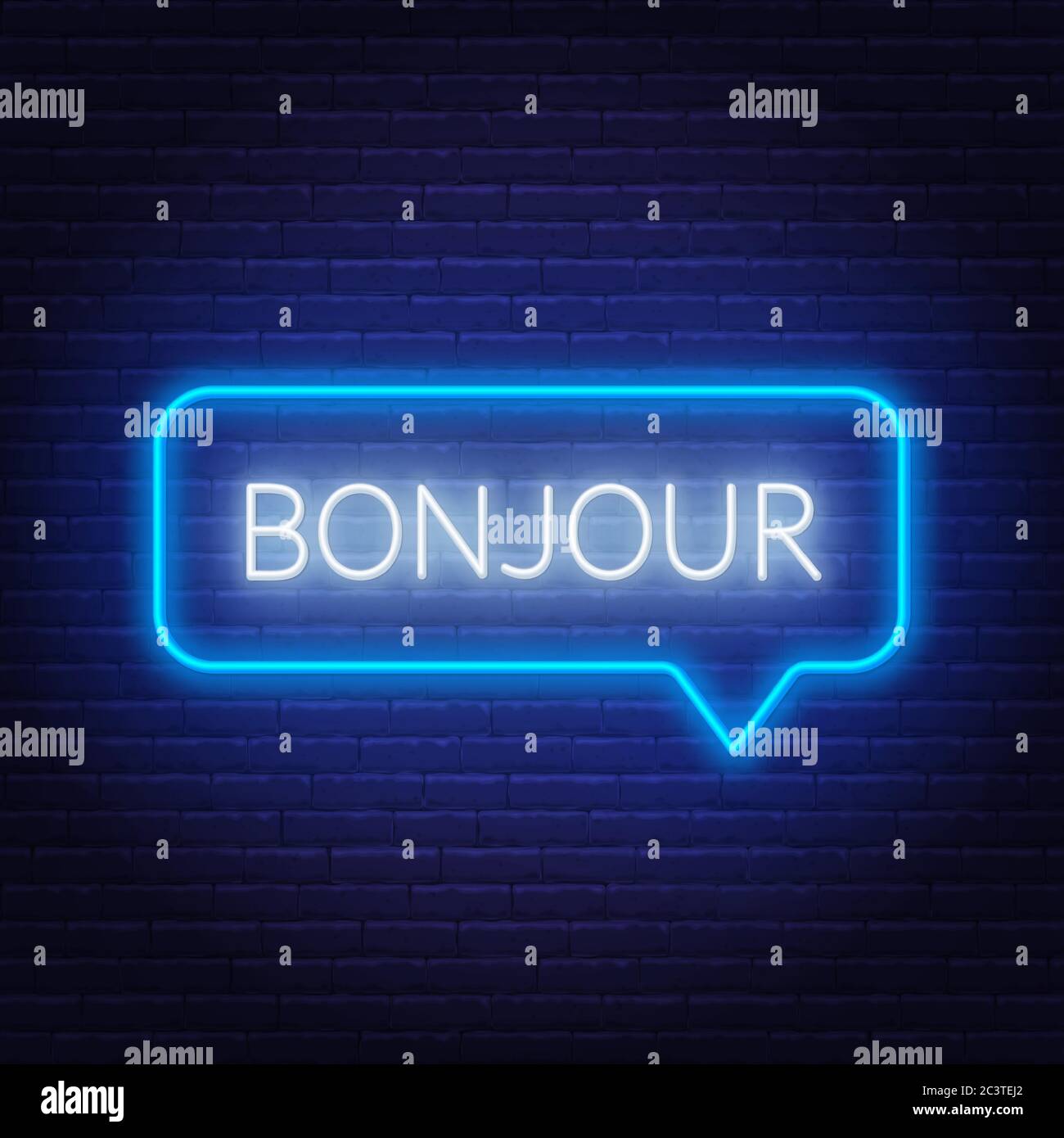 Neon sign of word bonjour in speech bubble frame on dark background ...