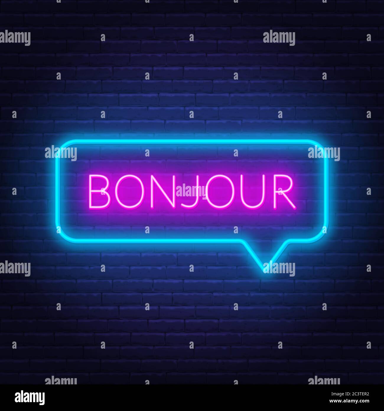 Neon sign of word bonjour in speech bubble frame on dark background ...
