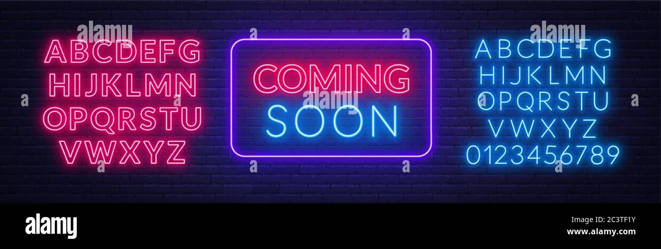 Coming soon neon sign on brick wall background. Template for design ...